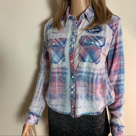 Affliction | Tops | Affliction Motors Distressed Pink Blue Pearl Snap ...